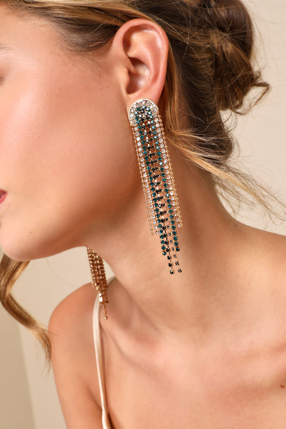 Gold and Teal Earrings - Rhinestone Earrings - Fringe Earrings - Lulus