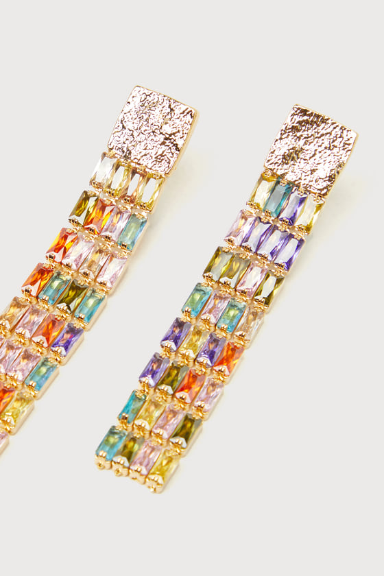 Gold Multi Rhinestone Earrings - Fringe Earrings - Earrings - Lulus