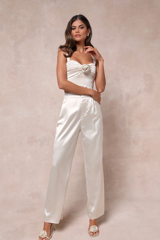 Champagne Satin Pants - High-Rise Pants - Straight Leg Pants - Lulus