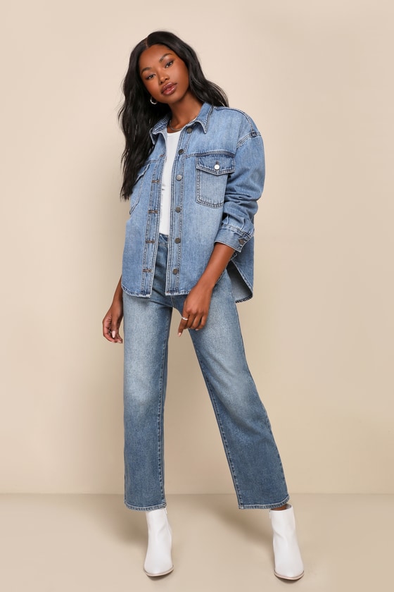 Medium Wash Denim Jacket - Denim Shacket - Button-Up Shacket - Lulus