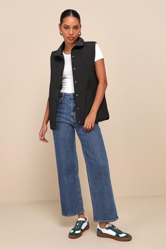 Black Quilted Nylon Vest - Black Button-Up Vest - Outerwear - Lulus