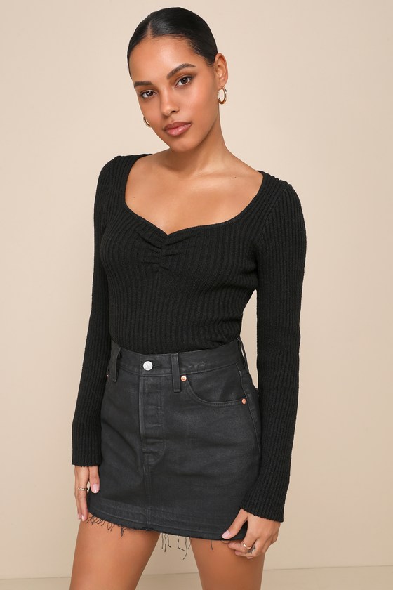 Black Ribbed Knit Top - Cute Long Sleeve Top - Ruched Knit Top - Lulus