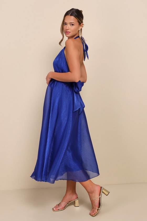 Cobalt Blue Midi Dress - Organza Halter Dress - O-Ring Midi Dress - Lulus