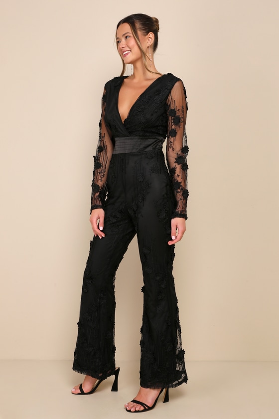Black Jumpsuit - 3D Floral Embroidered Jumpsuit - Flare Jumpsuit - Lulus
