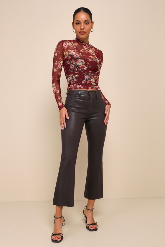 Burgundy Floral Top - Sheer Mesh Top - Long Sleeve Mock Neck Top - Lulus