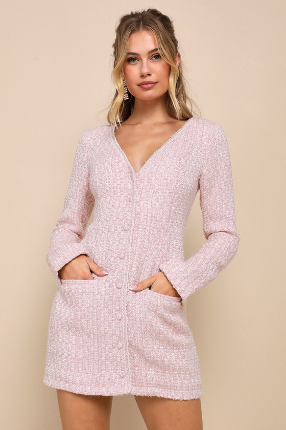 Pink Boucle Tweed Dress - Button-Front Dress - Boucle Tweed Dress - Lulus