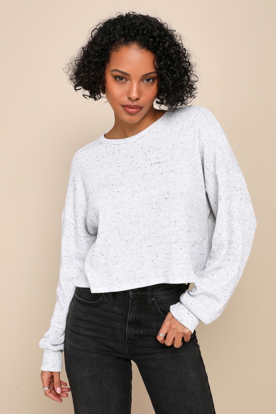 Light Grey Speckle Knit Top - Ribbed Knit Top - Long Sleeve Top - Lulus