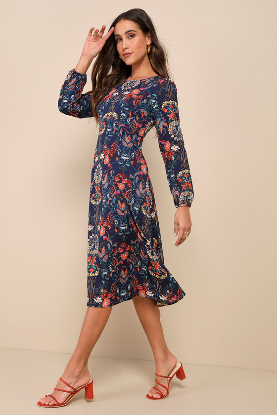 I. Madeline Garden Splendor - Navy Blue Dress - Floral Print Midi - Lulus