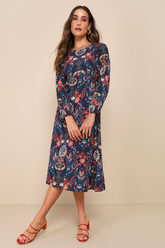 I. Madeline Garden Splendor - Navy Blue Dress - Floral Print Midi - Lulus