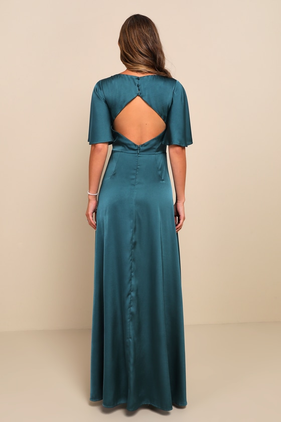 Teal Satin Bridesmaid Dress - Cutout Maxi Dress - A-line Gown - Lulus