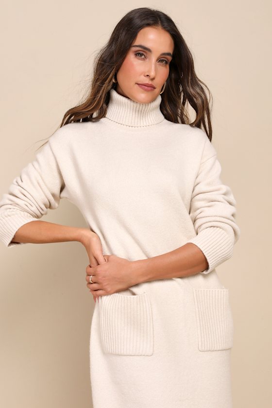 Cute Cream Sweater Dress - Midi Sweater Dress - Turtleneck Dress - Lulus