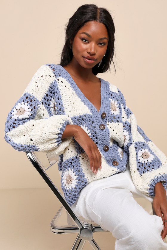 Blue & White Cardigan - Crochet Cardigan - Chenille Cardigan - Lulus