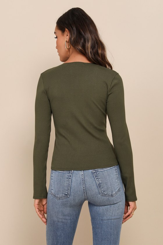 Green Ribbed Knit Top - Notched Neckline Top - Long Sleeve Top - Lulus