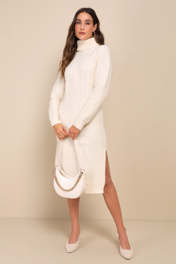 Cream Cable Knit Dress - Turtleneck Sweater Dress - Midi Dress - Lulus