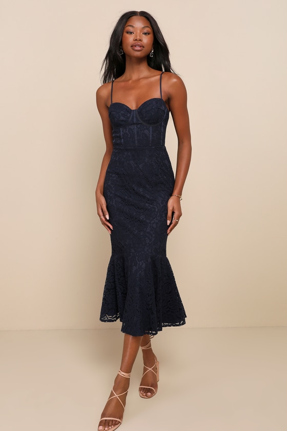 Sexy Blue Lace Dress - Midi Trumpet Dress - Lace Bustier Dress - Lulus