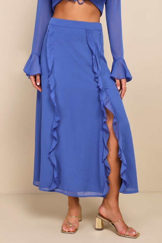 Blue Chiffon Skirt - High-Rise Midi Skirt - Ruffled Midi Skirt - Lulus