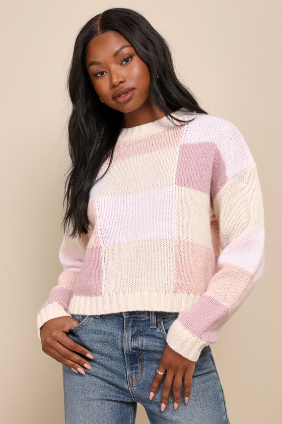 Pink Color Block Sweater - Pullover Sweater - Checkered Sweater - Lulus