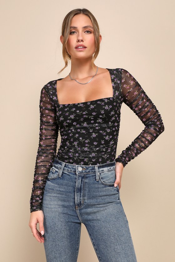 Black Floral Top - Black Mesh Top - Black Ruched Top - Black Top - Lulus