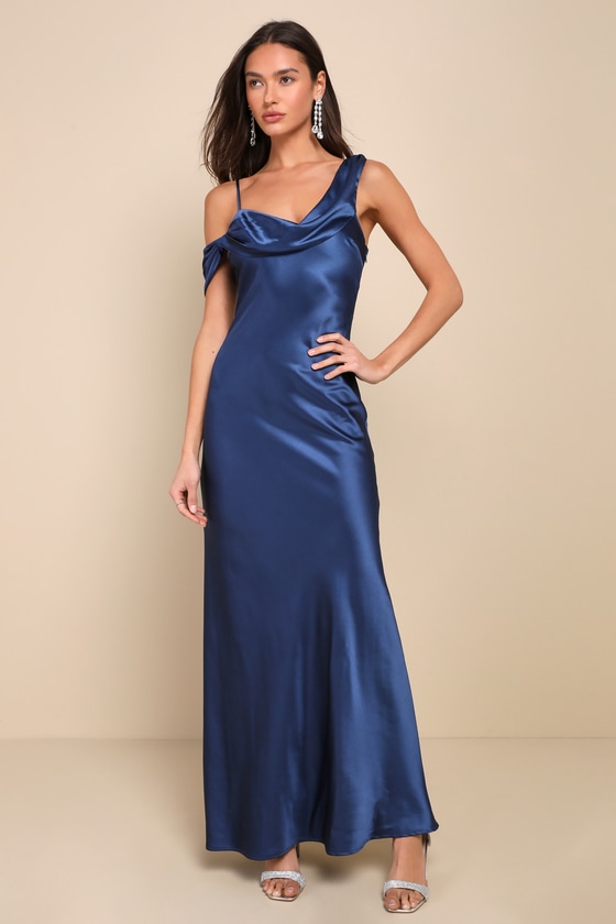Navy Blue Dress - Satin Slip Dress - Asymmetrical Maxi Dress - Lulus