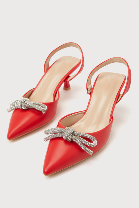 Red Slingback Pumps - Rhinestone Bow Pumps - Pointed-Toe Pumps - Lulus