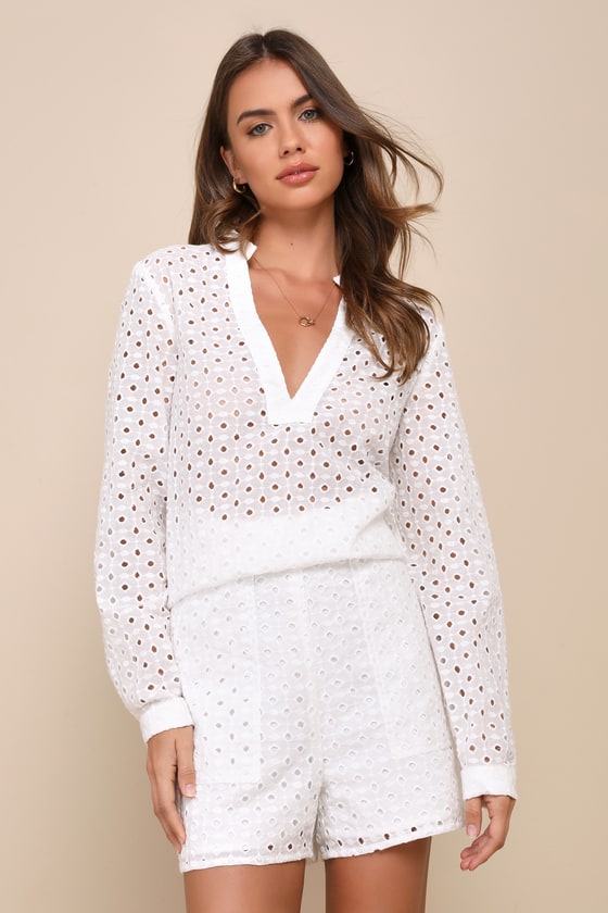 Ivory Cotton Shorts - Eyelet Shorts - High-Waisted Shorts - Lulus