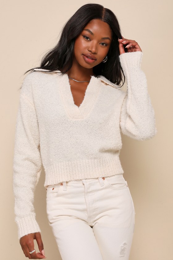 Ivory Nubby Knit Sweater - Collared Sweater - Pullover Sweater - Lulus