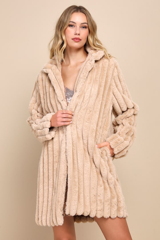 Beige Longline Coat - Faux Fur Coat - Collared Fur Coat - Lulus
