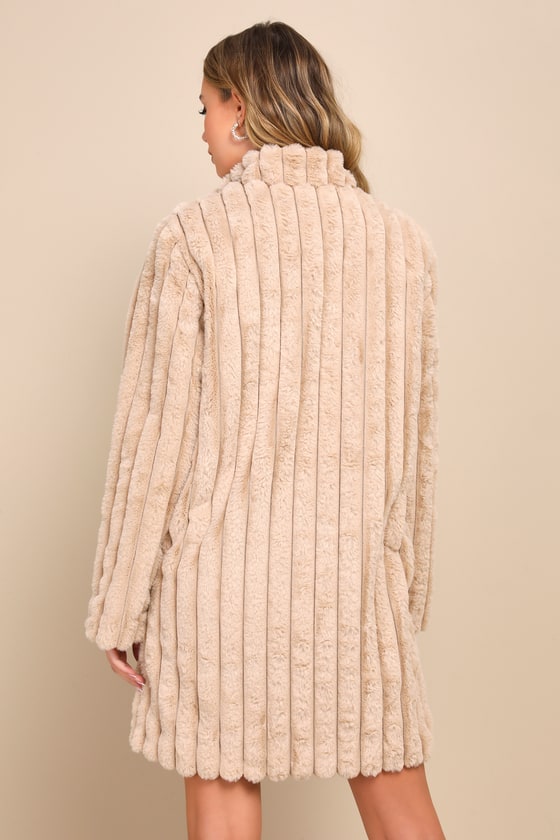 Beige Longline Coat - Faux Fur Coat - Collared Fur Coat - Lulus
