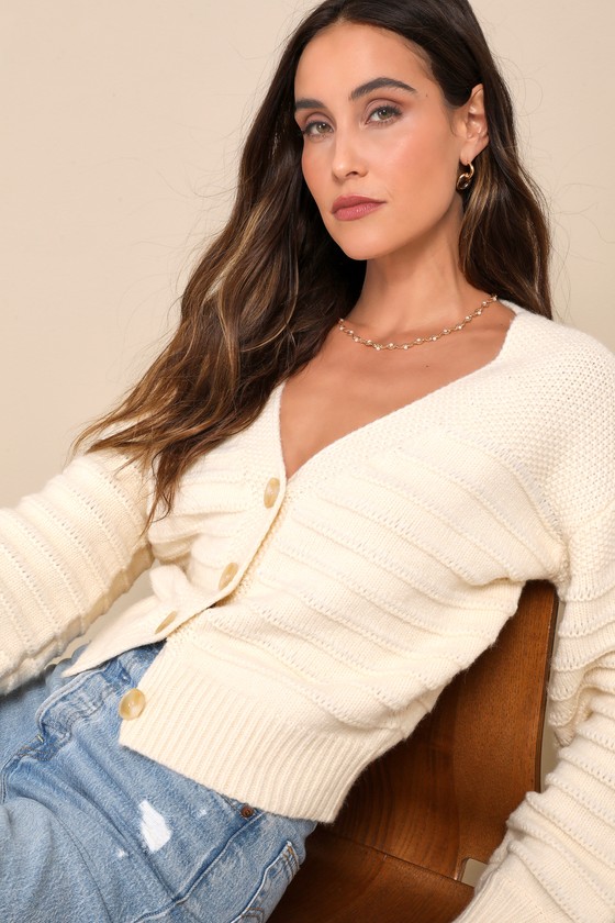 Cream Ribbed Sweater Balloon Sleeve Cardi Cardigan Sweater Lulus