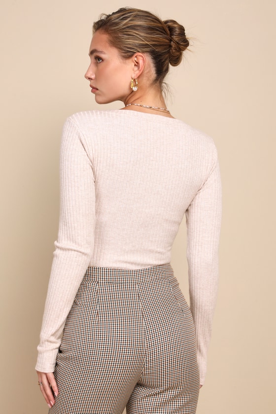Heather Beige Ribbed Bodysuit - Scoop Neck Bodysuit - Beige Top - Lulus