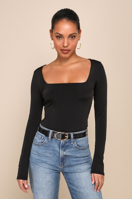 Black Long Sleeve Bodysuit Square Neck Bodysuit Bodysuit Lulus