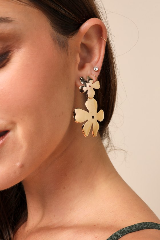 Gold Flower Earrings - Gold Drop Earrings - Statement Earrings - Lulus