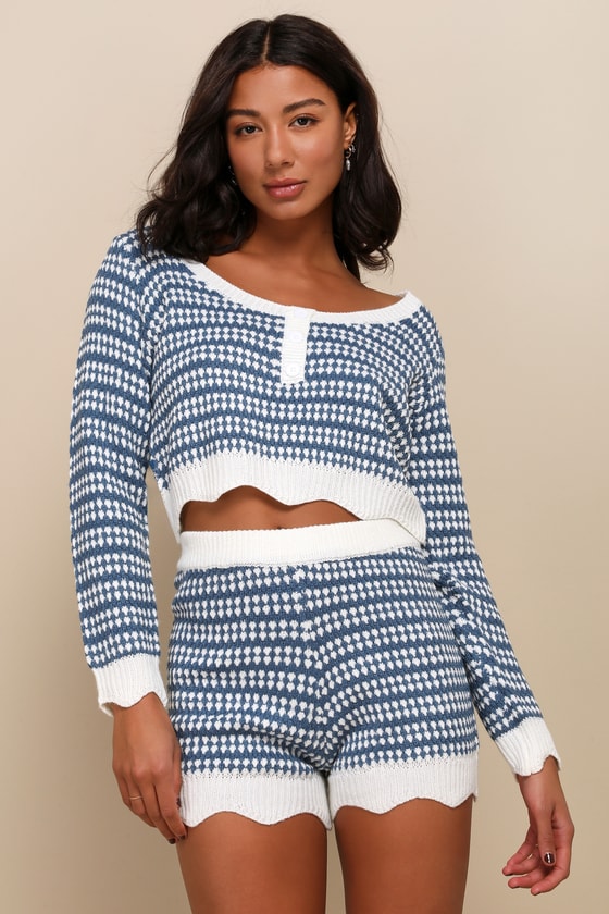Blue & White Sweater - Cropped Sweater - Scoop Neck Sweater - Lulus