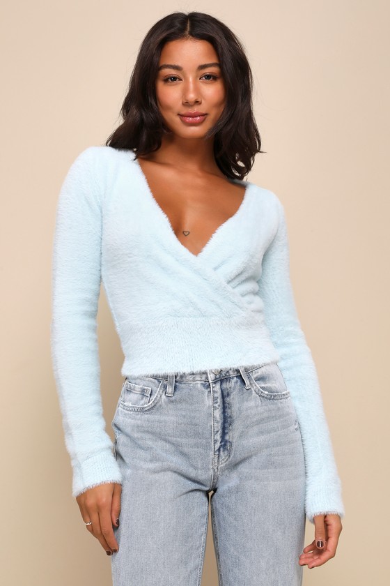 Light Blue Sweater - Eyelash Knit Sweater - Surplice Sweater - Lulus