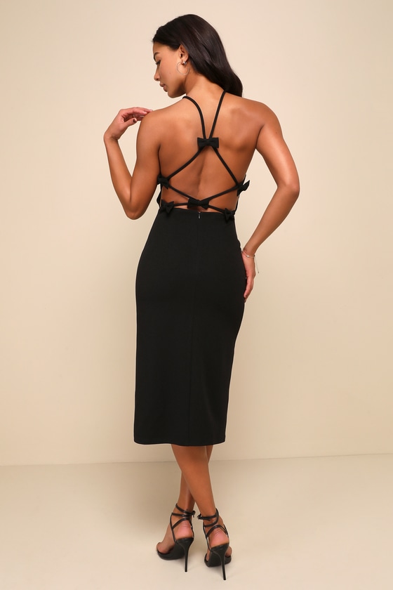 Black Strappy Back Dress - Black Bow Dress - Black Midi Dress - Lulus