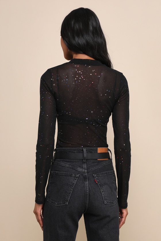 Sexy Black Mesh Bodysuit - Sheer Glitter Embellished Bodysuit - Lulus