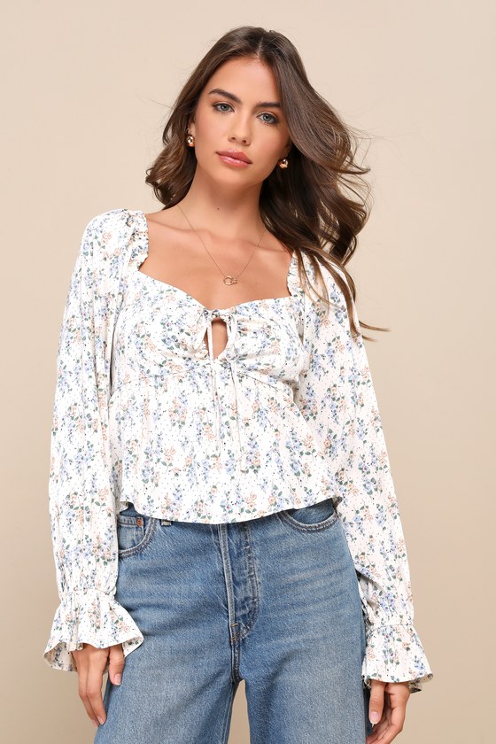 Ivory Floral Print Top Cropped Balloon Sleeve Top Ruffled Top Lulus
