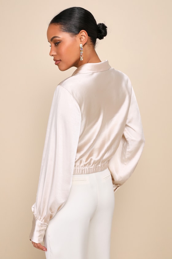 Champagne Satin Blouse - Long Sleeve Blouse - Collared Blouse - Lulus