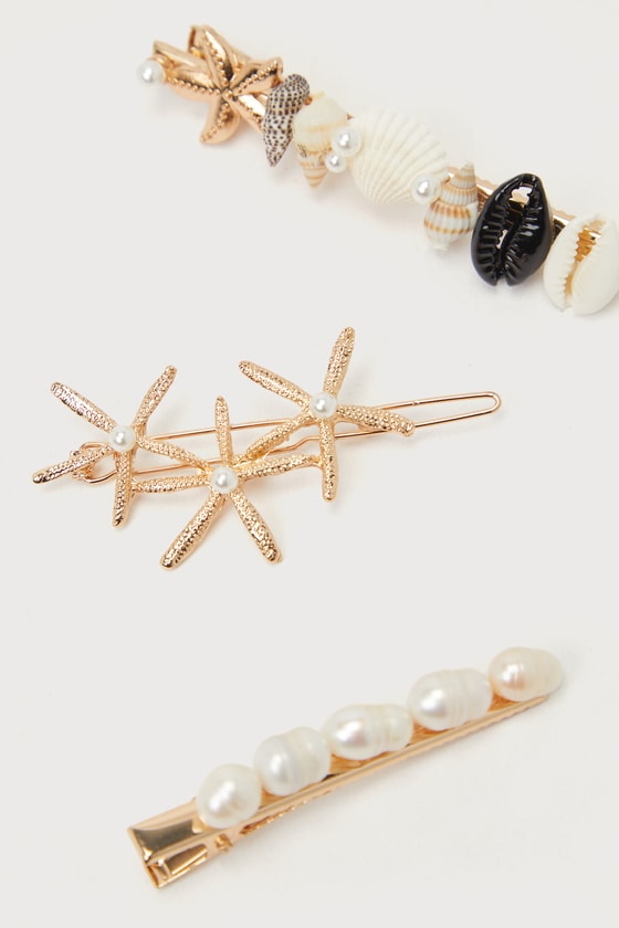 Gold 3-Pc Hair Clip Set - Shell Hair Clip Set - Pearl Clip Set - Lulus