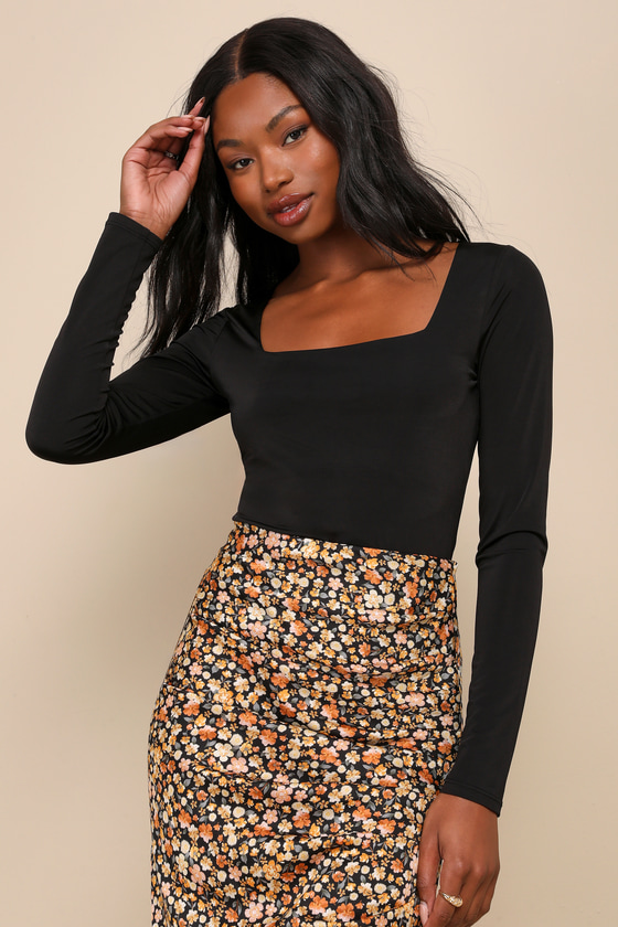 Black Long Sleeve Top - Square Neck Top - Jersey Knit Top - Lulus