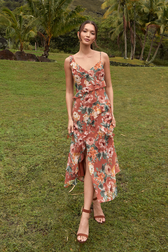 Rust Floral Maxi Dress - Ruffled Maxi Dress - Lace-Up Maxi Dress - Lulus
