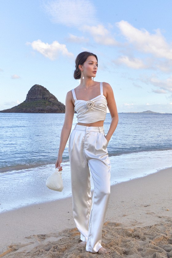 Champagne Satin Pants - High Rise Pants - Straight Leg Pants - Lulus