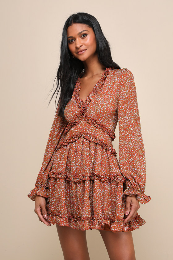 Orange Floral Print Dress - Ruffled Dress - Tiered Mini Dress - Lulus
