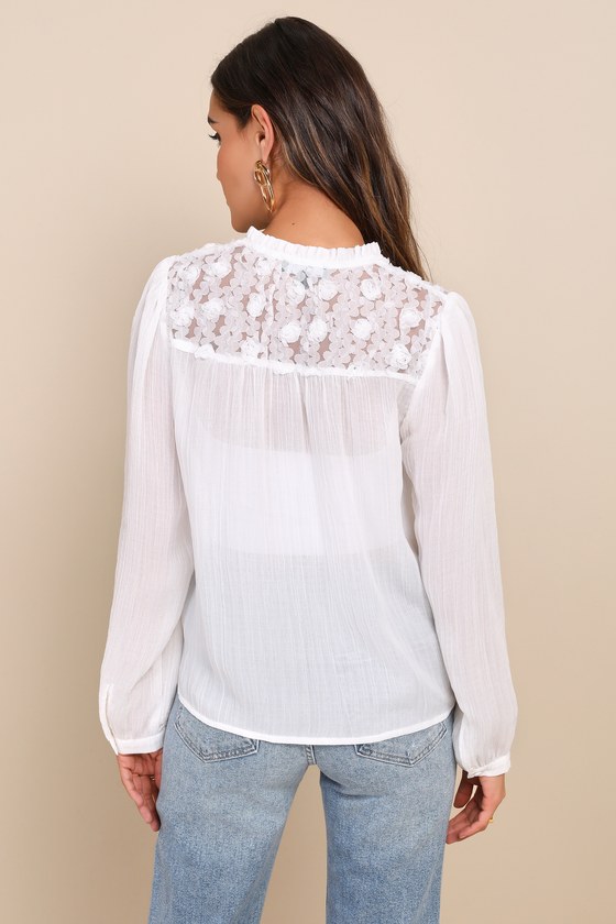 White Chiffon Top - Rosette Blouse - Ruffled Long Sleeve Top - Lulus