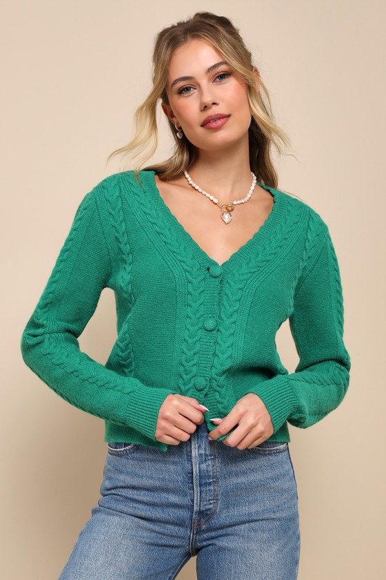Cable Knit Cardigan Button Up Cardigan Green Cardigan Lulus
