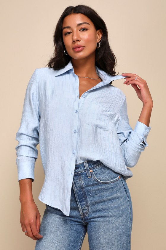 Light Blue Crinkled Top - Button-Up Top - Button-Down Top - Lulus