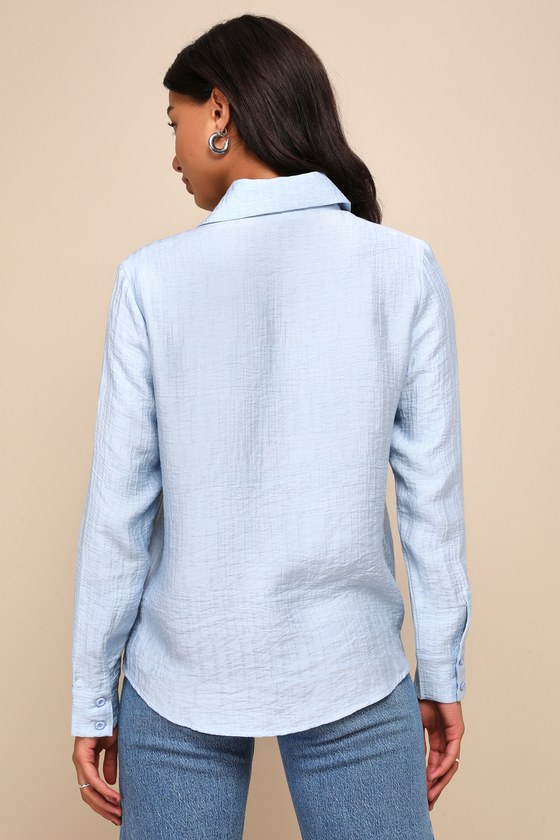 Light Blue Crinkled Top - Button-Up Top - Button-Down Top - Lulus