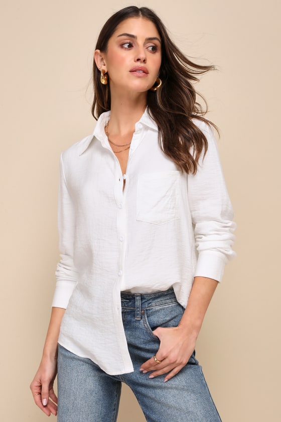Ivory Crinkled Top - Button-Up Top - Button-Down Top - Office Top - Lulus