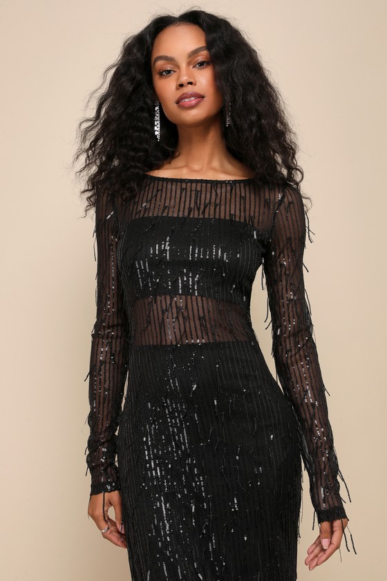 Black Sheer Mesh Dress - Sequin Fringe Dress - Long Sleeve Maxi - Lulus