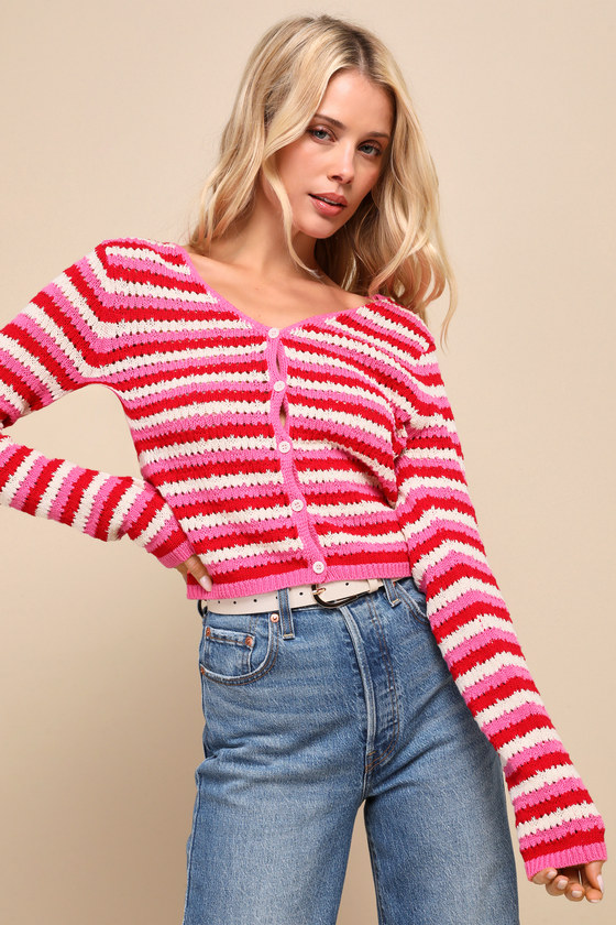 Red & Pink Striped Sweater - Cardigan Sweater - Knit Cardigan - Lulus